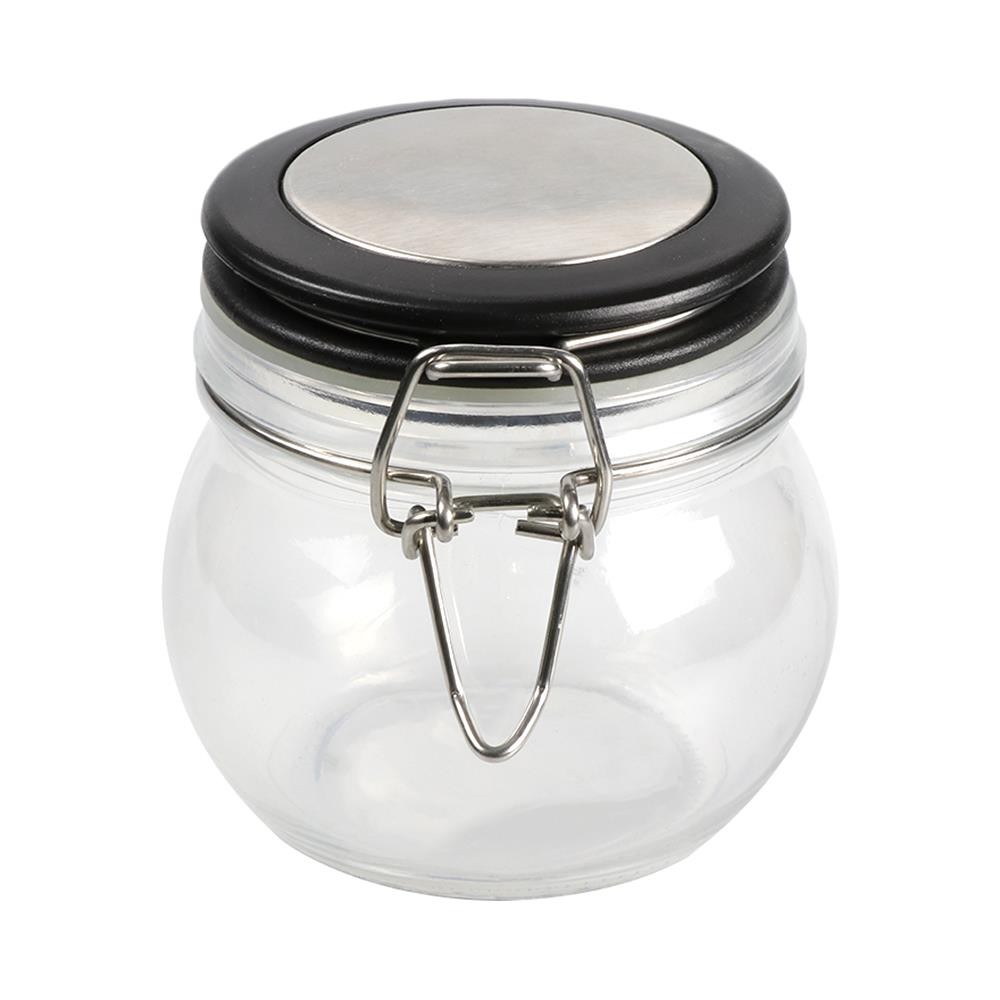 ROUND GLASS CANISTER WITH SPRING LID S BLACK
