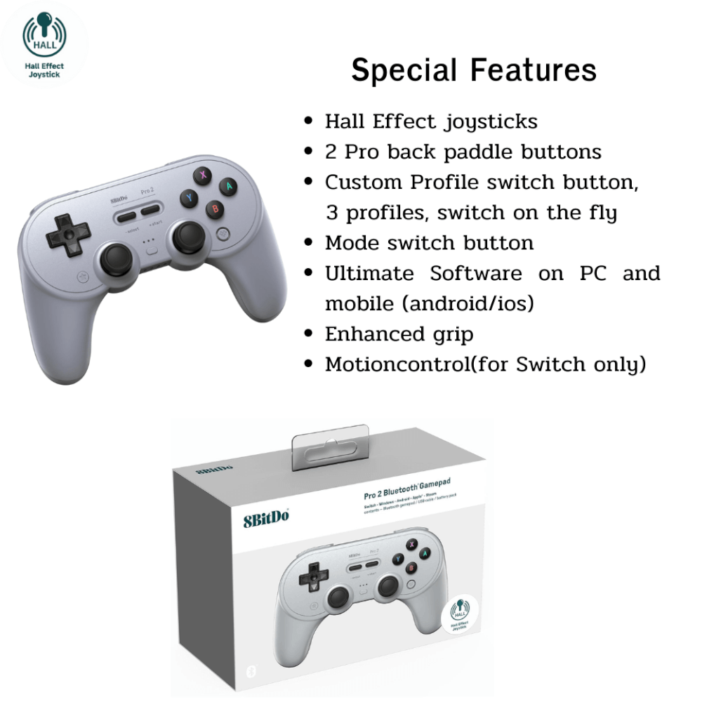 จอยเกมไร้สาย 8Bitdo Pro 2 80GL สีเทา