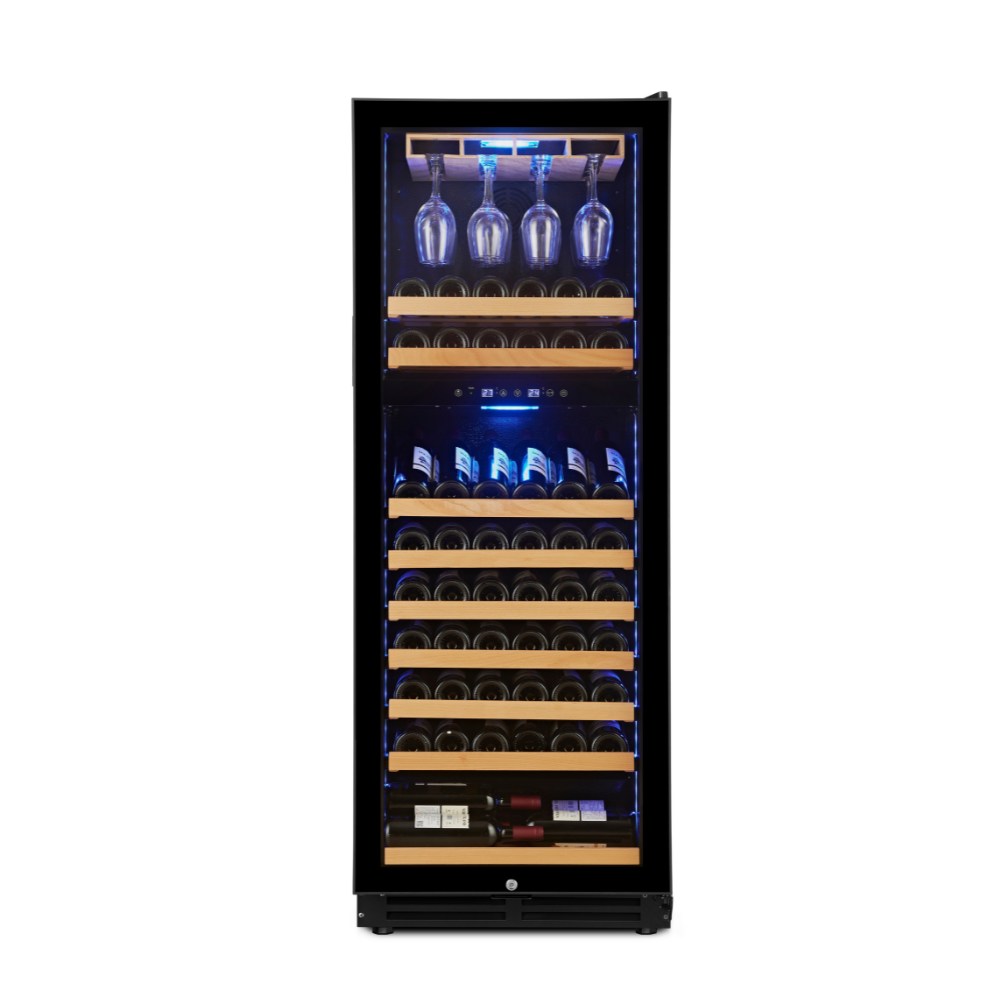 ตู้แช่ไวน์ PRIMIO P-288UDG แบ่ง 2 อุณหภูมิ 59 ขวด แขวน 12 แก้ว (สีดำ)
