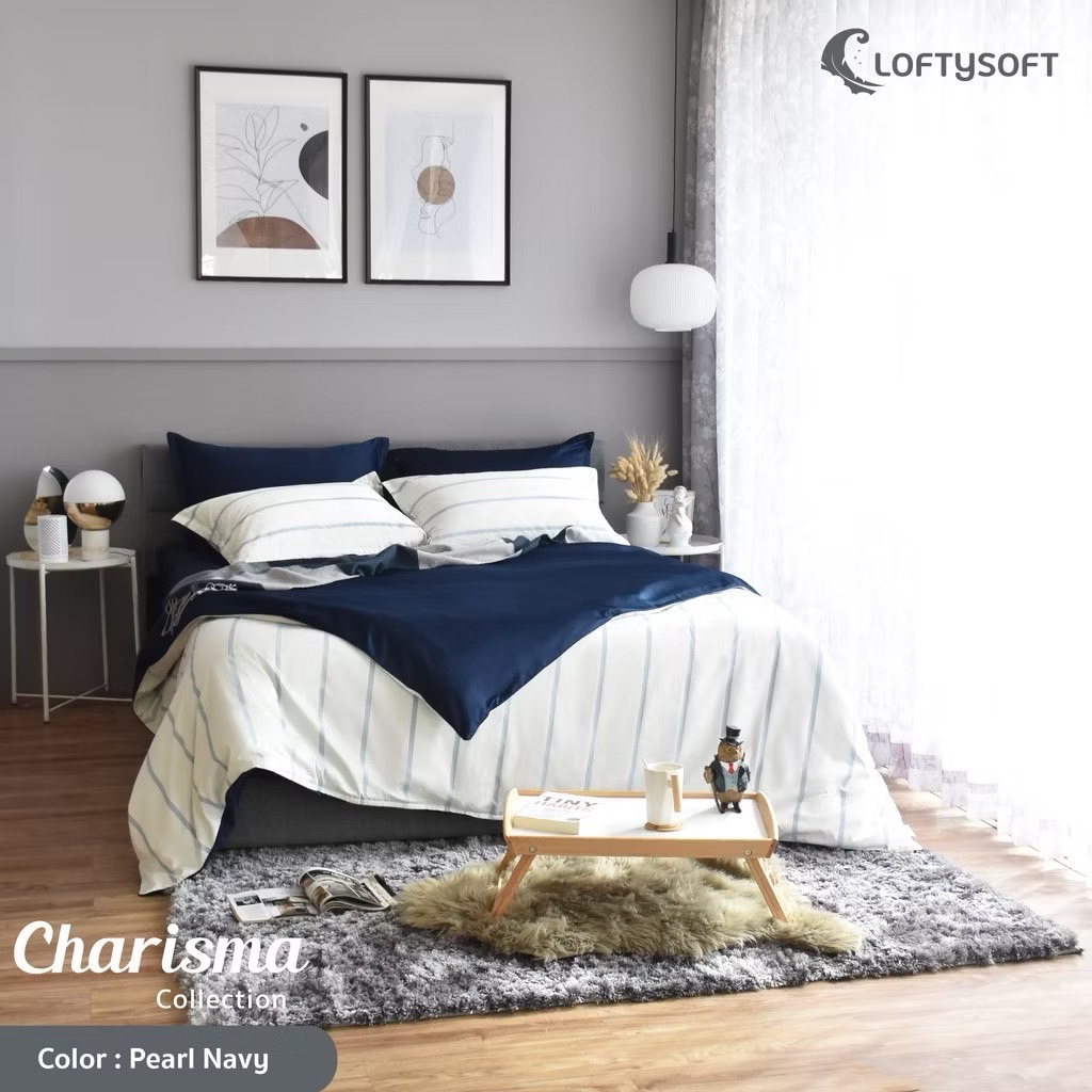 ชุดผ้าปูที่นอน 6 ฟุต 4 ชิ้น LOFTYSOFT Charisma Collection - Pearl Navy SET B