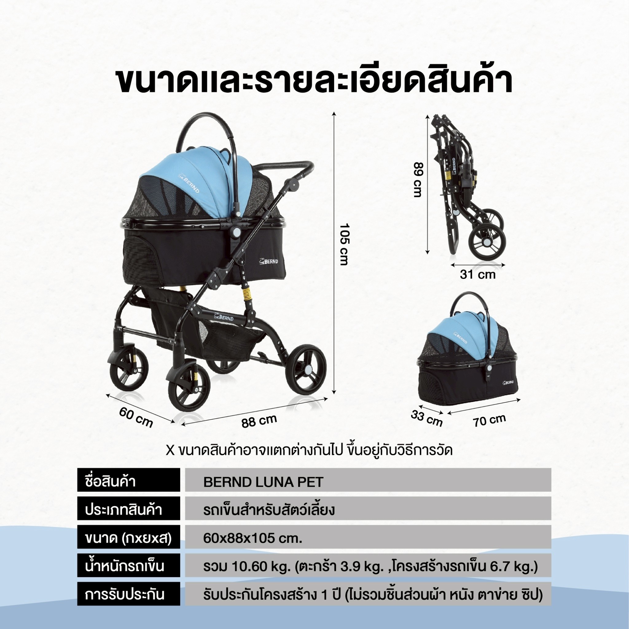 รถเข็นสำหรับสัตว์เลี้ยงแบบ 3 in1 Bernd รุ่น Luna Pet Dodger Blue