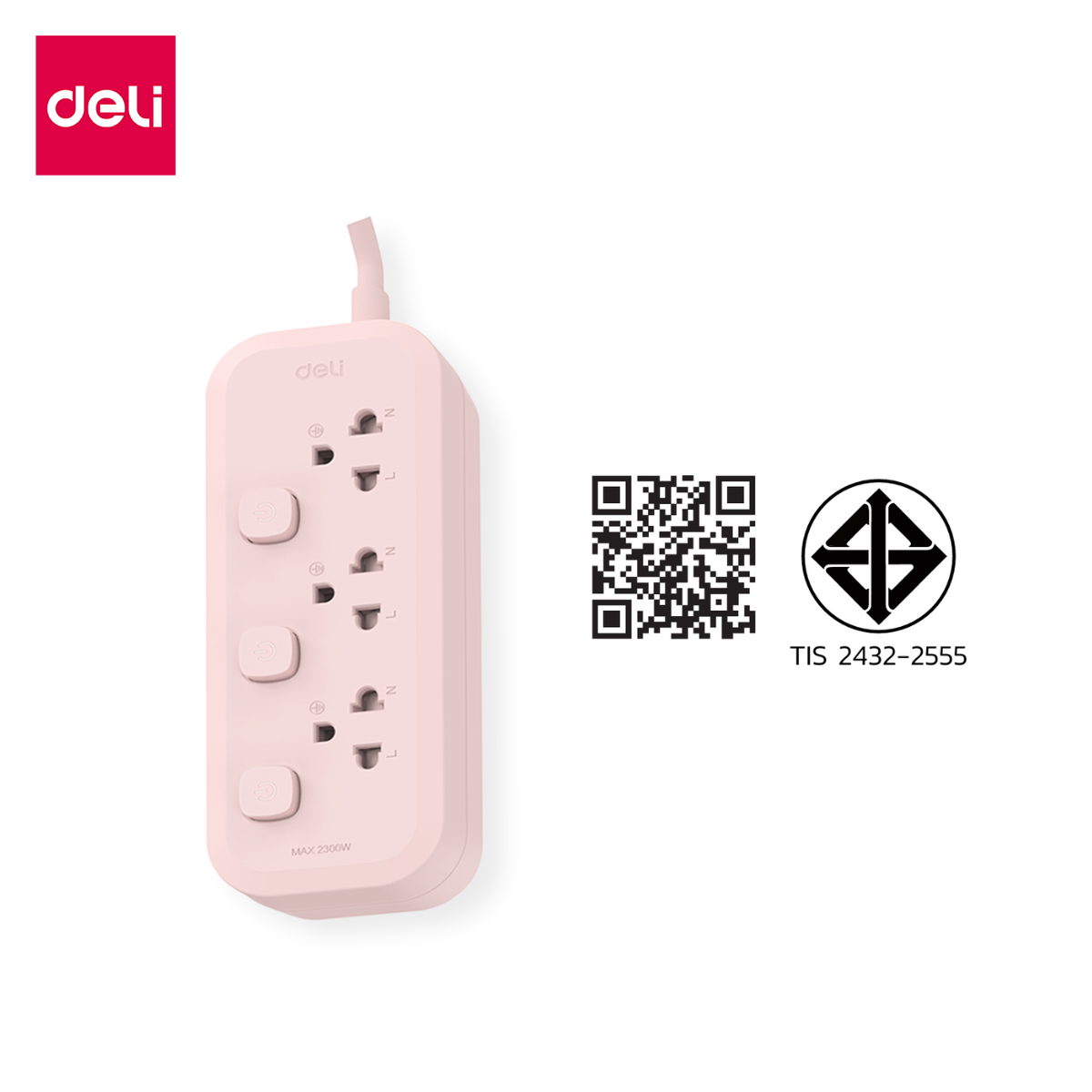 รางปลั๊กไฟ 3ช่อง 3M 3สวิตซ์ Deli CT487-PK-01 สีชมพู