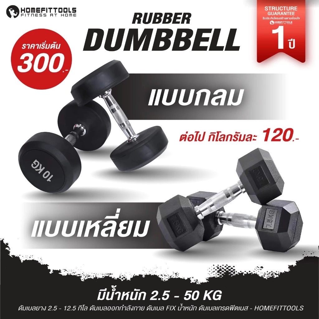 ดัมเบลยางออกกำลังกาย Homefittools แบบเหลี่ยม 7.5 kg
