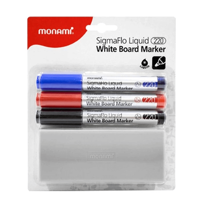 ปากกาไวท์บอร์ด MONAMI ซิกม่าโฟวล์ 220 ชุด 3 สี + แปรงลบกระดาน