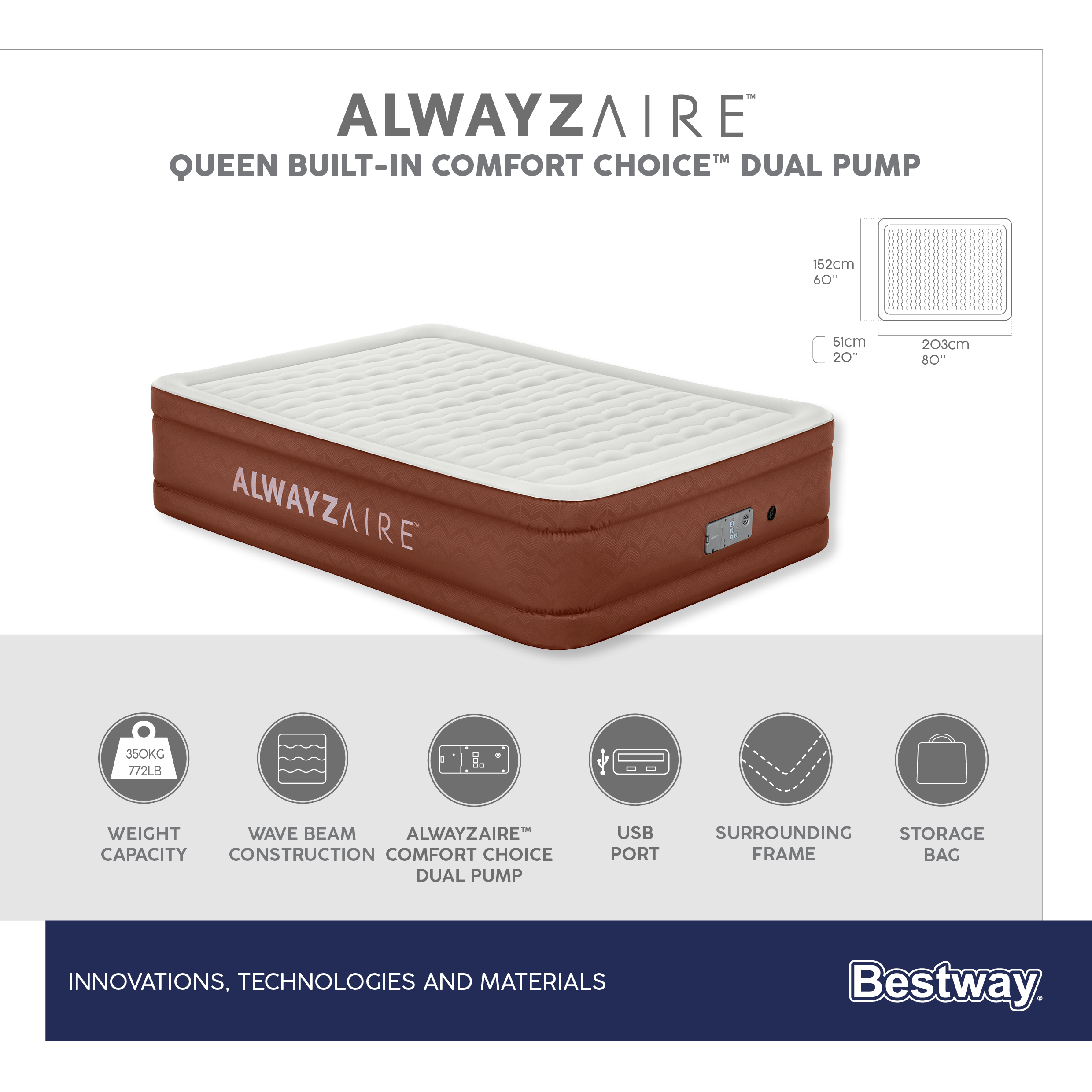 ที่นอนเป่าลม Bestway AlwayzAire Fortech Airbed Queen Built-in Comfort Pump 2.03m x 1.52m x 51cm