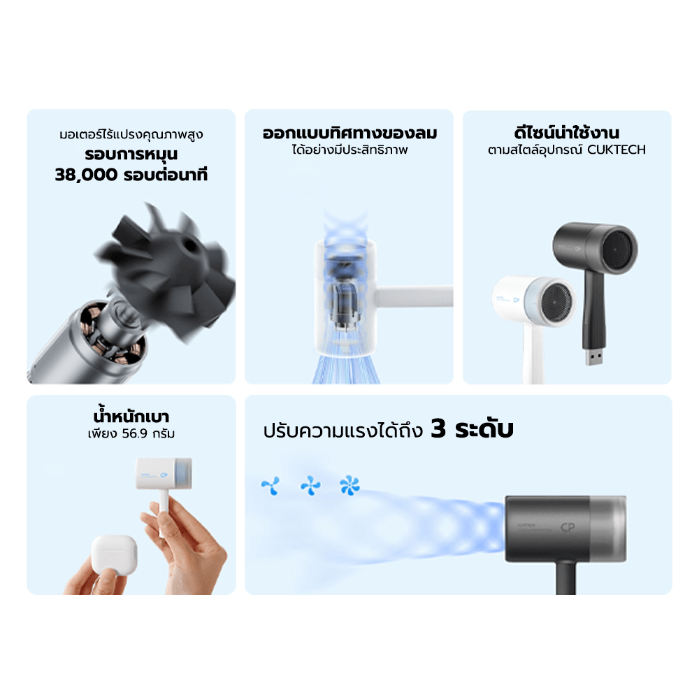 พัดลมพกพา CUKTECH BF01 สีดำ JET FAN แบบ USB-A ลมแรง 10.5 M/S สำหรับใช้ ...