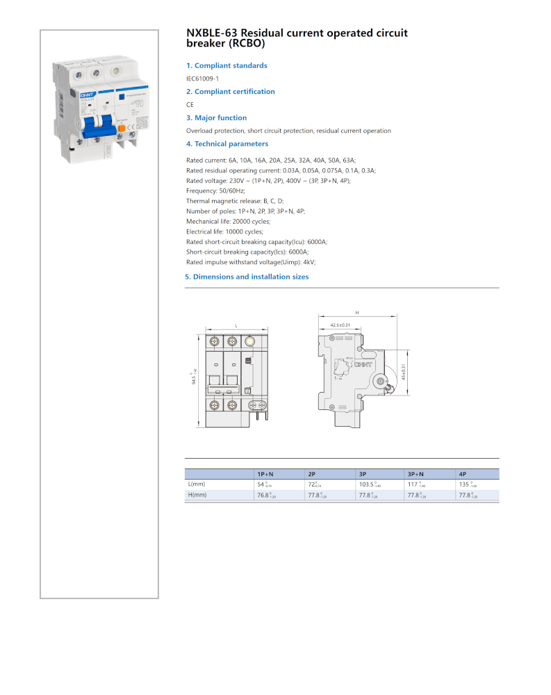 เบรคเกอร์กันดูด 63 แอมป์ 2 โพล 30MA 10KA CHINT RCBO NXBLE-63H 2P C63 ...