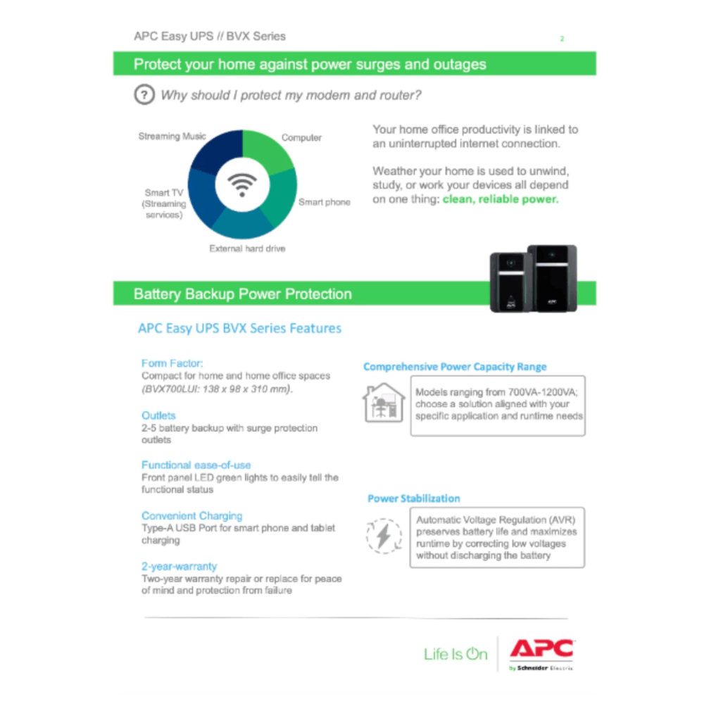 เครื่องสำรองไฟฟ้า APC 700VA 360 วัตต์ รุ่น BVX700LUI-MS EASY UPS 2 ช่อง ...