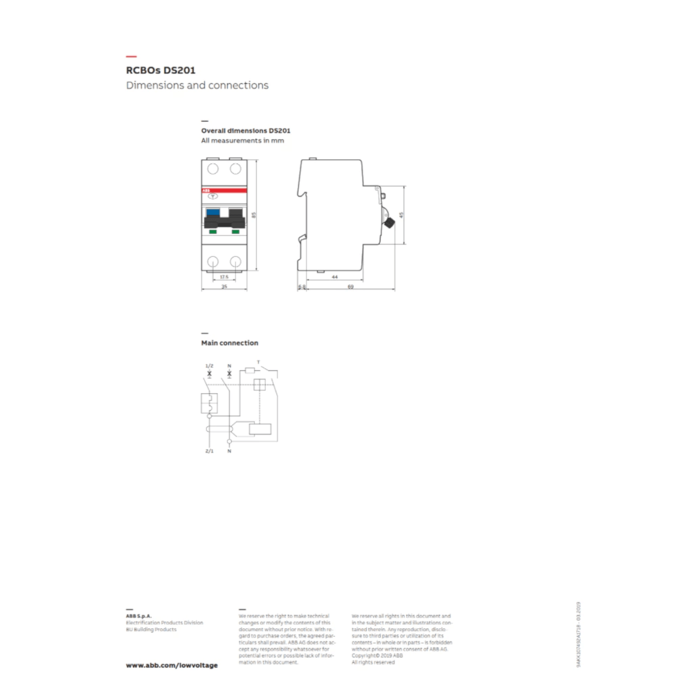 เบรกเกอร์กันดูด RCBO 40A 1 POLE + NEUTRAL 6KA TYPE AC ABB รุ่น DS201 C6 ...