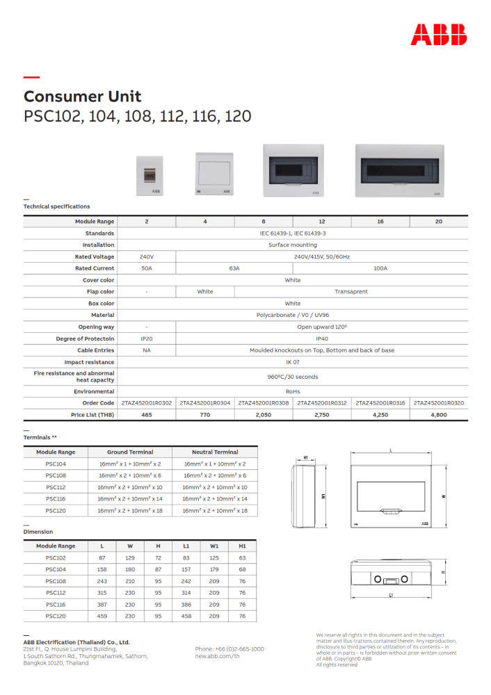 ตู้คอนซูมเมอร์ใส่เบรกเกอร์ 16 ช่อง ABB PSC116 Consumer Unit IEC IP40 ...