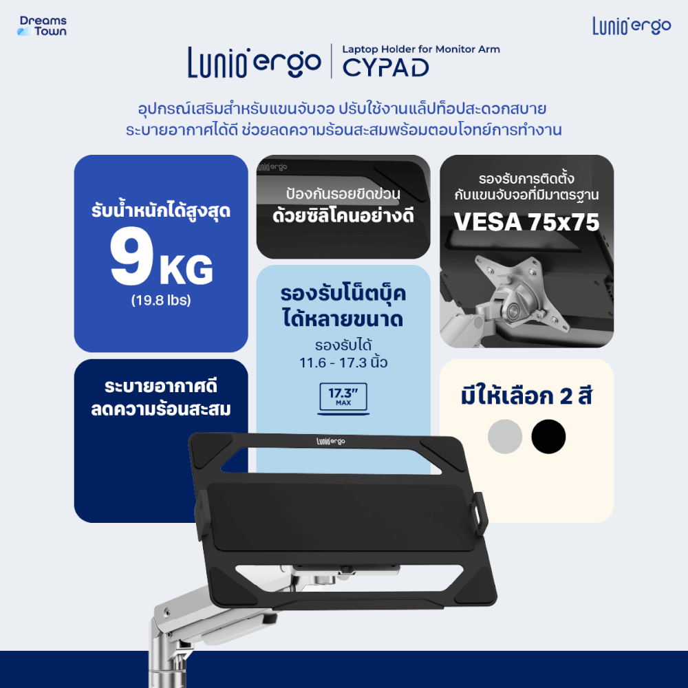 แท่นวางโน็ตบุ๊ค LUNIO ERGO CYPAD สีดำ สำหรับใช้ร่วมกับแขนจับจอ